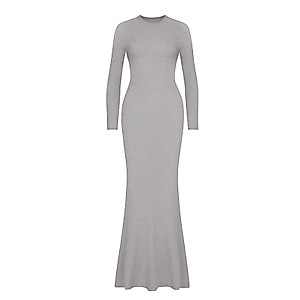 REORIA Women's Sexy Casual Crew Neck Lounge Slimming Long Dress Elegant Wedding Guest Long Sleeve Ribbed Bodycon Maxi Dresses Light Grey Small