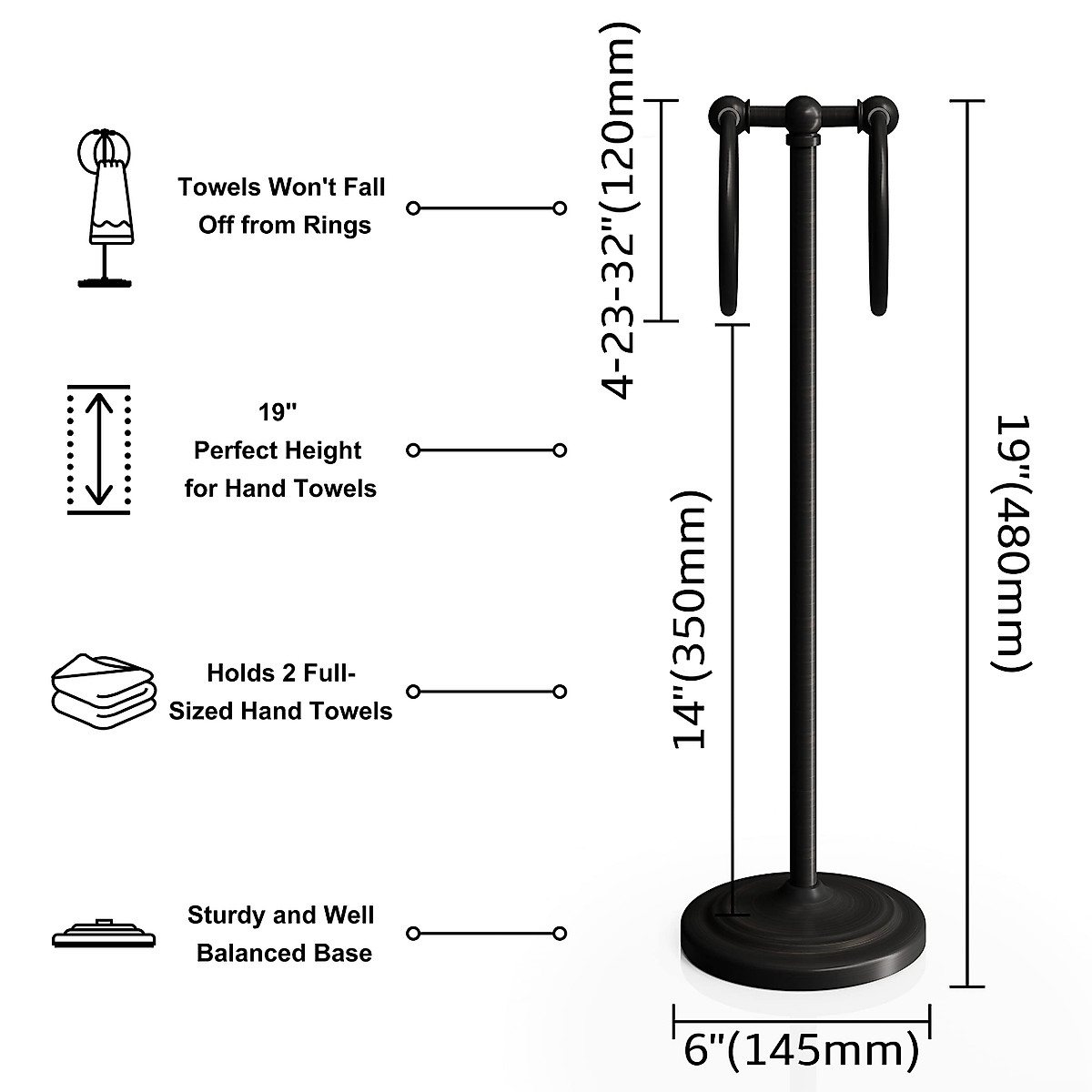 BGL Hand Towel Holder Stand for Bathroom, Hand Towel Stand for Bathroom Counter, Free Standing Towel Racks for Bathroom with Weighted Wood Base,19" High-Oil Rubbed Bronze