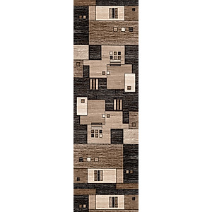 RUG BRANCH Montage Modern Geometric Checkered Brown Beige Indoor Runner Rug for Entryway, Hallway, Bathroom, and Kitchen - 3' x 8' (2'8" X 8')