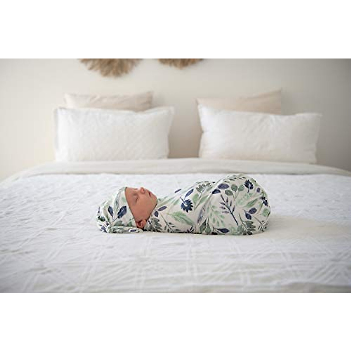 Terriboo Baby Receiving Blanket Newborn Wrap for Baby Girl and Boy Leaf Printed Swaddle Beanie Set (Green)