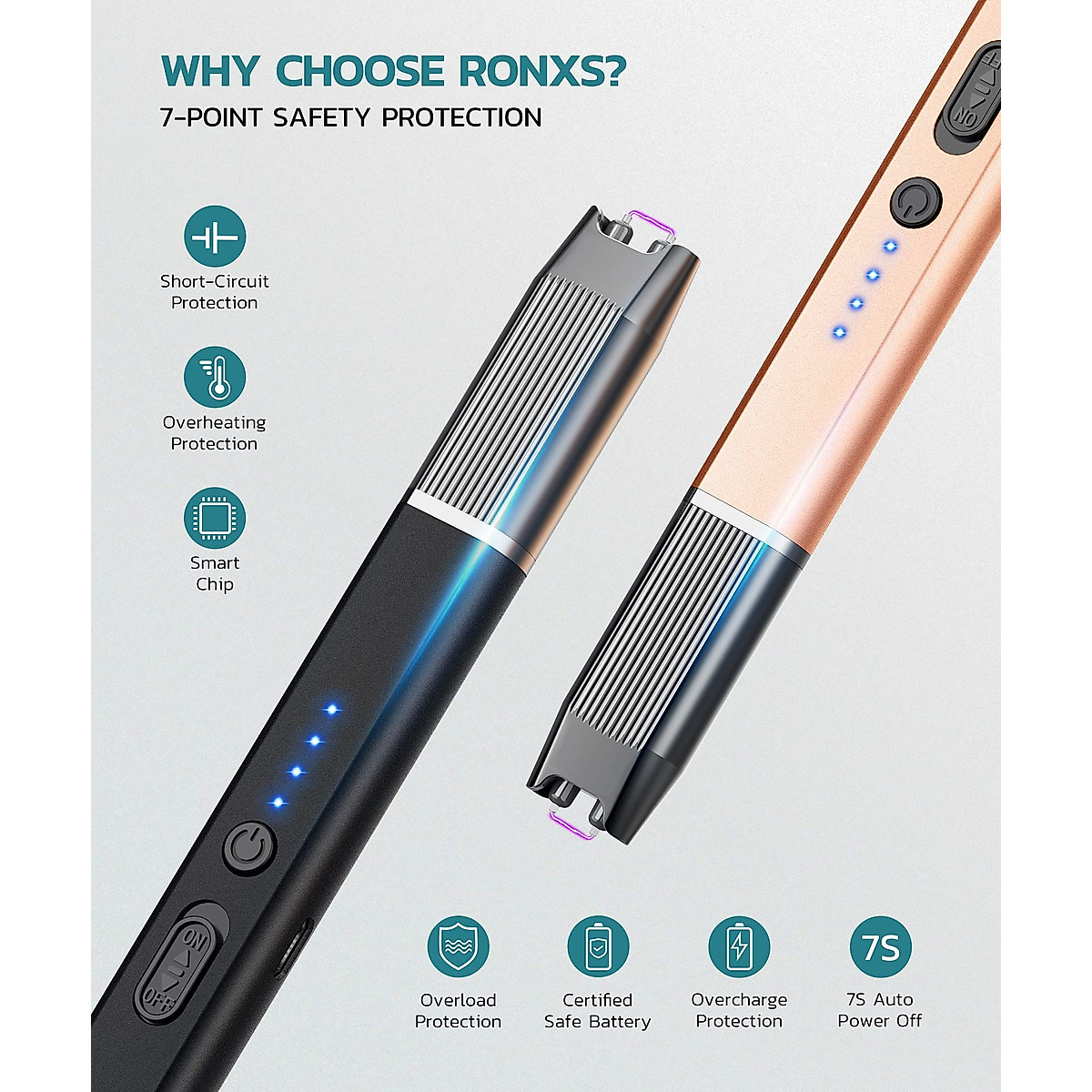 RONXS Electric Lighter, Candle Lighter with Safety Lock Windproof Flamless Arc Rechargeable Long Lighter with Battery Indicator (Black&Champagne 2pcs)