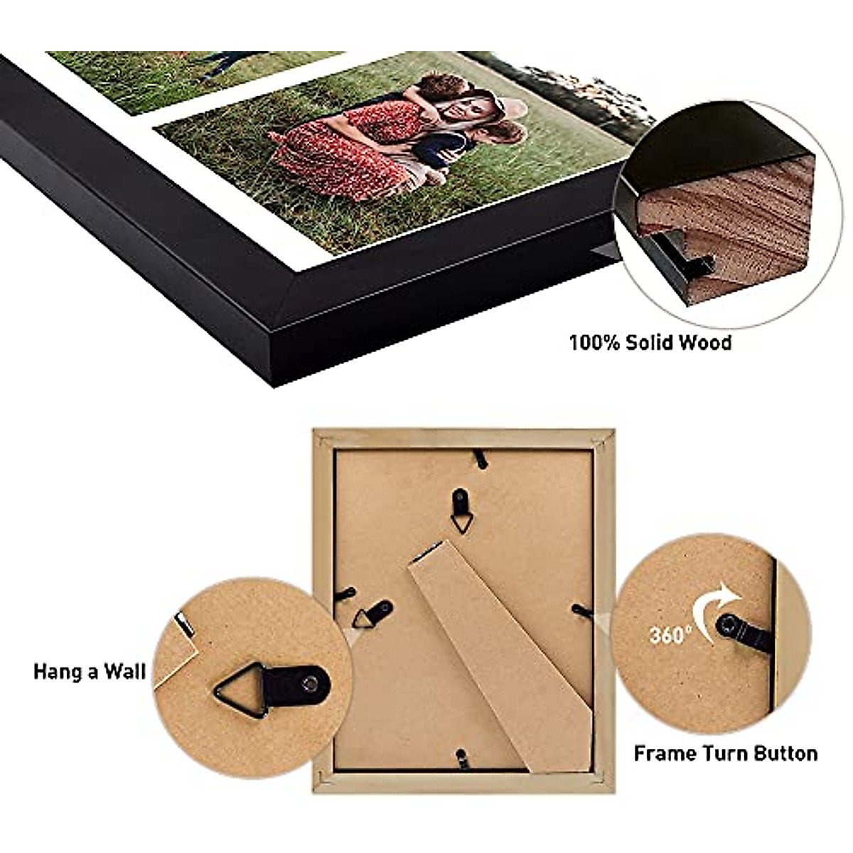 Golden State Art, 8.5x11 Black Wooden Picture Frame - White Mat for 2-5x7 Photos or 8.5x11 Certificate Without Mat - Real Glass - Easel Stand for Landscape/Portrait Table Display