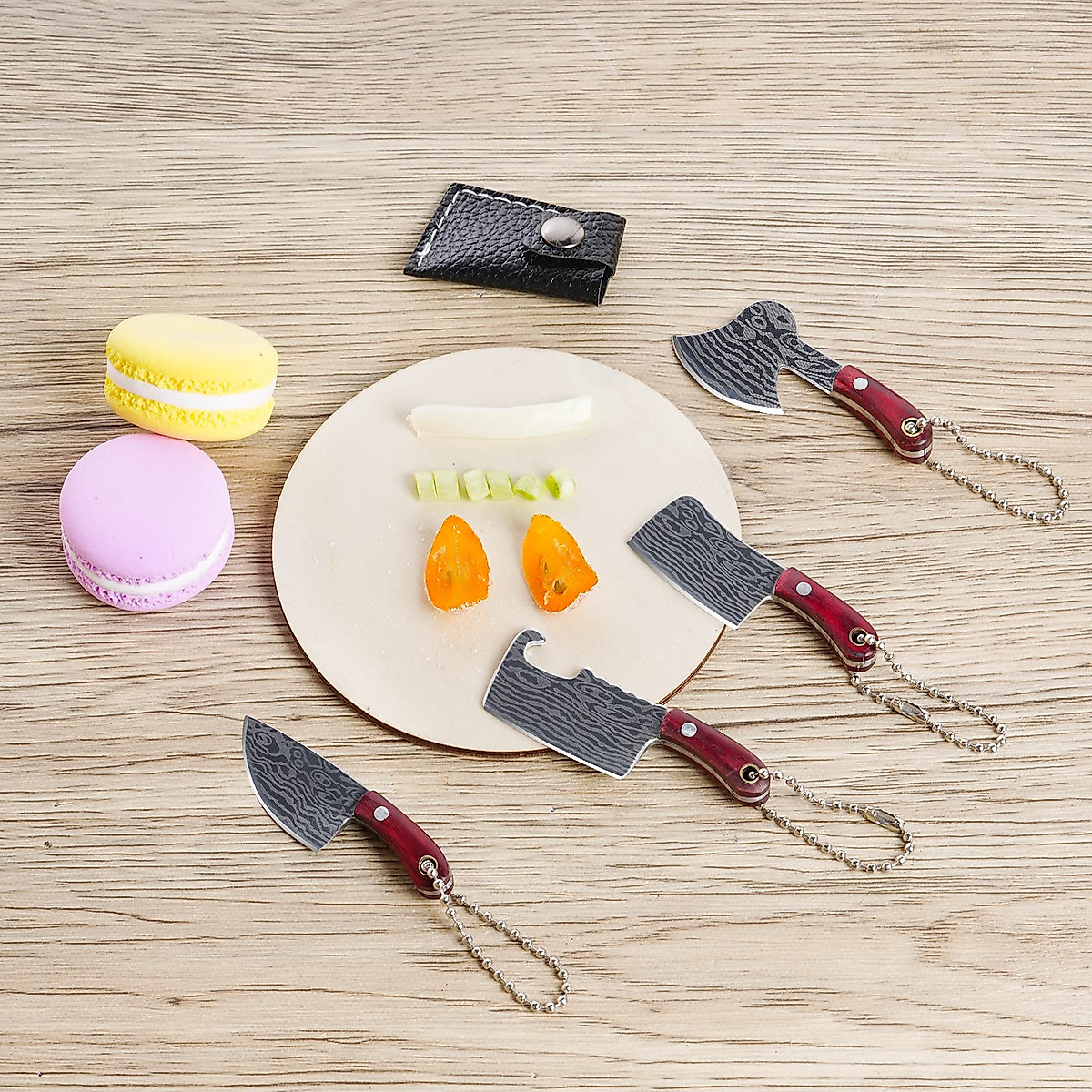 Sucrain 5PCS Damascus Pocket Knife Set Mini Chef Knife Set Mini Kitchen Chef Knife Tiny Set Keychain Small Knife for Package Opener Box Cutter