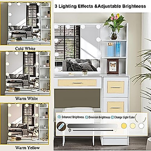 JBLCC Makeup Vanity Table with Lighted Mirror,Large Vanity Desk Set with Shelves, Dresser Desk and Cushioned Stool Set White (3076)