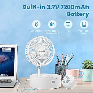 AirCover 2021 8-Inch Foldaway Oscillating Fan with Remote Control, 3-Speed, Cordless Rechargeable Standing Portable Pedestal Fan, 7200mAh Battery Operated Fan for Home Office Outdoor Camping Travel