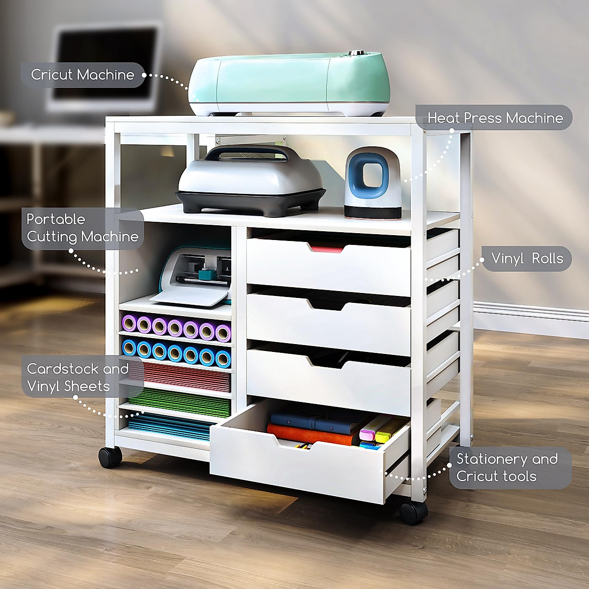 TC-HOMENY Craft Organizer Storage Cart, Rolling Cart Organizer, Vinyl Roll Holder and Cutting Machine Storage Cabinet, Craft Cart with Drawers for Craft Room Organizer 32" W x 16" D x 34" H