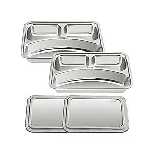 VENTION Stainless Steel Kids Plates with Lids, Divided Plates for Kids, 3 Compartment Kids and Toddler Plates, 2 Pack