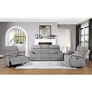 Pemberly Row Transitional Fabric Power Headrest Double Reclining Sofa in Gray