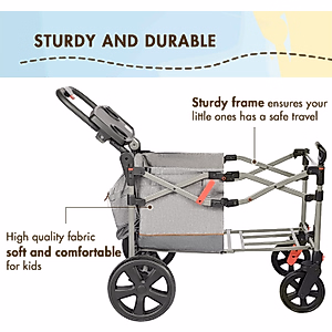 Busy Bee Foldable Wagon Stroller for 2 Kids, Push Pull Collapsible Kids Wagon with Adjustable Handle Bar, Removable Canopy, 5-Point Harness, Shock-Absorbing Wheels, Grey