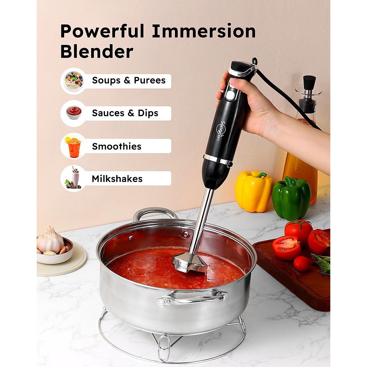 Sangcon Immersion Blender Handheld, 3-in-1 Hand Blender Electric, 400W Handheld Blender, Stainless Steel Blade Stick Blender with Whisk, Milk Frother Attachments - Black