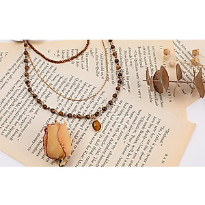 Bohemian Beaded Choker Necklaces for Women Handmade Multilayered Hippie Necklaces Boho Natural Stone Tiger Eye Beads Strand Vintage Opal Stone Pendant Statement Necklace Jewelry Gift for Women, Brown
