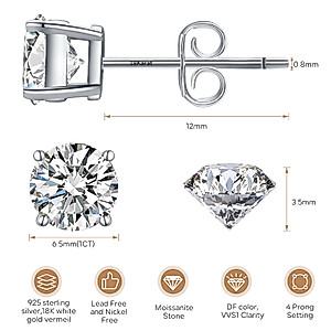 Certified Moissanite Stud Earrings, Diamond Earrings, 925 Sterling Silver Jewelry for Wife Girlfriend,18K Gold Earrings for Women, Gifts for Her(1ct, 2ct), White Gold, Moissanite