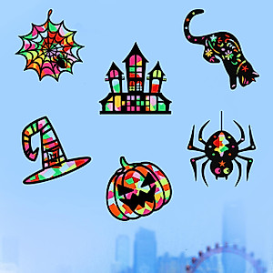 Outus 12 Pieces Halloween Stained Glass Effect Paper Double-Sided Black Suncatcher Kit Pumpkin Suncatchers Craft with 30 Pieces Colored Paper for Window Classroom Art Craft Party Favors, 6 Styles