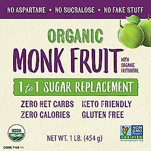 NOW Foods, Organic Monk Fruit With Erythritol Powder, 1 to 1 Sugar Replacement, 1-Pound