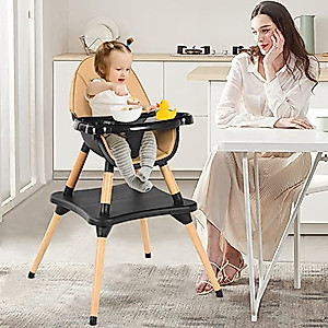 HONEY JOY Baby High Chair, 5-in-1 Convertible Wooden Highchair for Babies and Toddlers/Table and Chair Set/Booster Seat/Toddler Chair with Safety Harness, 4-Position Removable Feeding Tray (Coffee)
