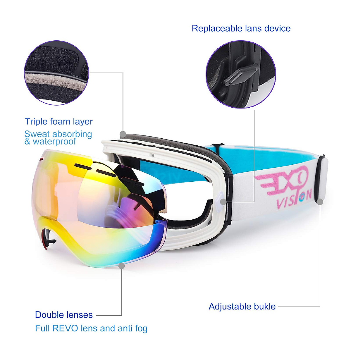 EXP VISION Ski Snowboard Goggles for Man Woman and Younth, OTG Snow Goggle Anti Fog UV400 Protection Winter Outdoor Sports Goggle-Pink