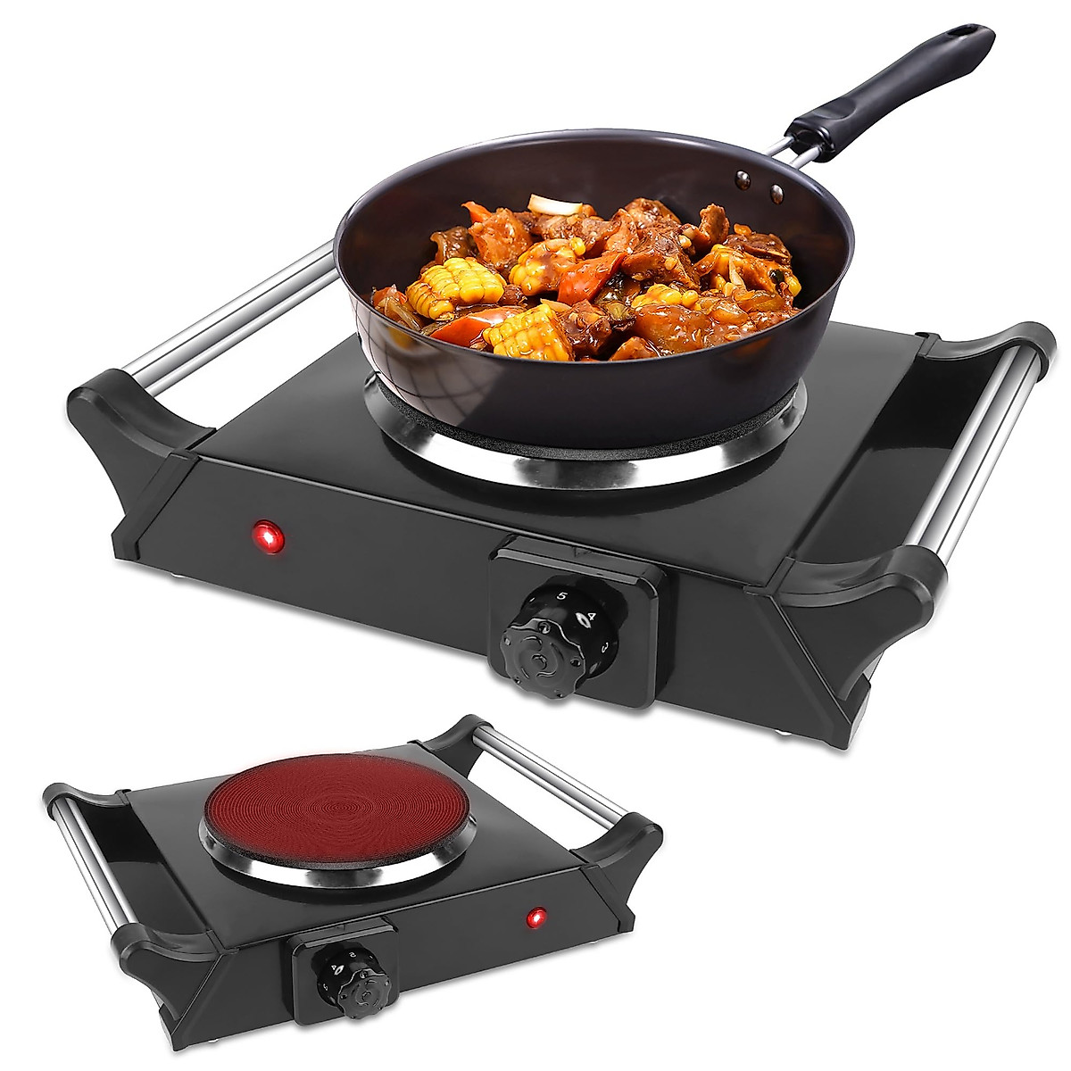 Moclever Hot Plate Portable Electric Stove Countertop Single Burner with 5 Temperature Adjustments & Stay Cool Handles, 1000W Electric Cooktop for RV/Home/Camp, Compatible for All Cookwares