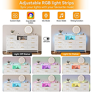 Patikuin 8 Deep Drawer White Dresser for Bedroom with Charging Station and LED Lights, 59" TV Dresser Wooden Large Long Dresser, Modern Chest of Drawers Storage Organizer for Closet, Living Room