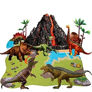 TEMI Dinosaur Toys with Simulation Volcano for Kids 3-5 Years, Toddlers Dinosaur Figures and Large Play Mat for Boys and Girls, Gifts for Preschool Toddlers (Size 63x63 in)