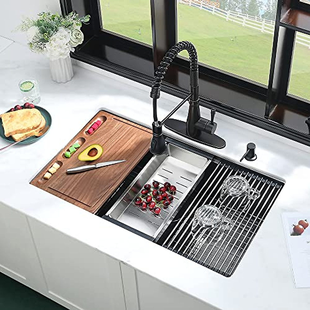 28 Black Undermount Kitchen Sink - iAnomla 28 Inch Black Stainless Steel Undermount Workstation Sink 16 Gauge Deep Single Bowl Matte Black Kitchen Sink with Cutting Board