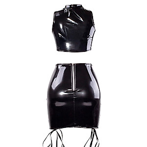 VWIWV Women's Bandage Faux Leather Dress Criss Cross 2 Piece Lace Up Crop Top and Bodycon Mini Skirt Sets Outfits Black