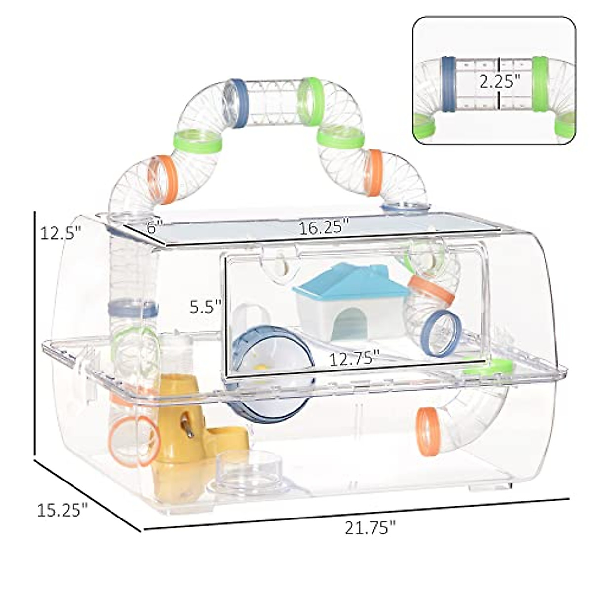 PawHut Hamster Cage, 2-Level Rat House Mouse Habitat with Accessories Tube Tunnels, Exercise Wheel, Water Bottle, Food Dish, Hut, 22" x 15" x 12.5", Transparent