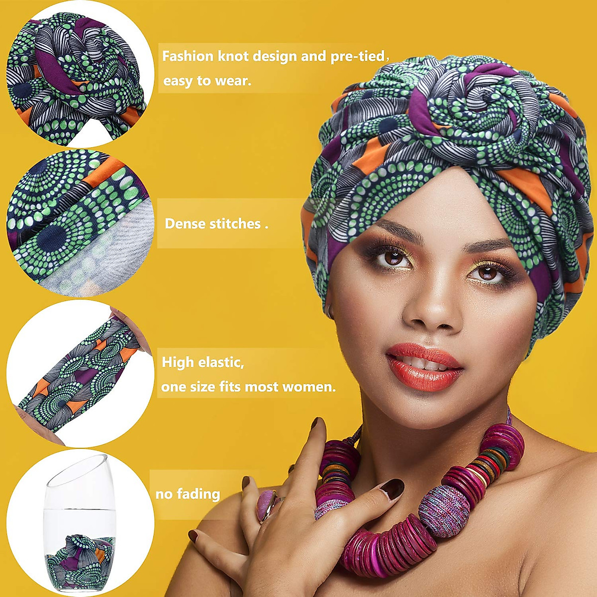 SATINIOR 6 Pieces Women African Turban Flower Knot Pre-Tied Bonnet Beanie Cap Headwrap (Blue Yellow Flower)