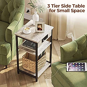 Rolanstar End Table with Charging Station, Set of 2 Small Nightstand with Storage Shelf, 3 Tier Slim Side Table with USB Ports & Outlets, Sofa Bedside Table for Bedroom, Living Room, Greige