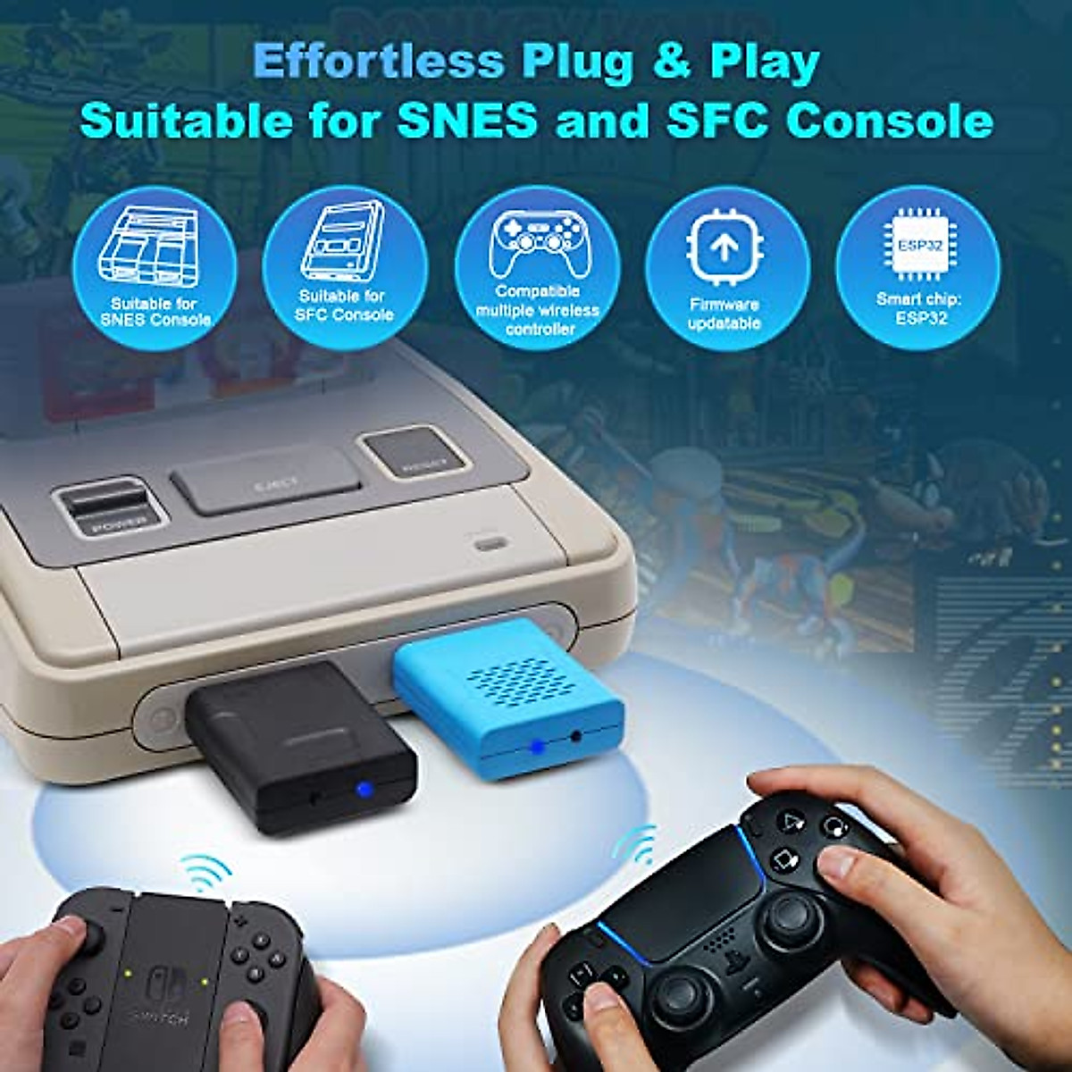 BITFUNX RetroScaler Wireless Bluetooth Adapter for SNES/SFC, Compatible with PS3/PS4/PS5, Xbox One S, Series X/S, Switch Pro, Video Game Console Converter