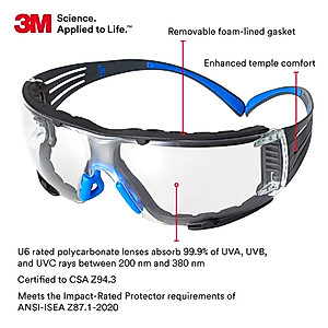 3M Safety Glasses for Men and Women, SecureFit 400, 20 Pack, ANSI Z87 Eye Protection, Scotchgard Anti-Fog Anti-Scratch Clear Lens, Blue/Gray Frame, Removable Foam Gasket, Flexible Temples