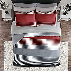 Comfort Spaces Twin Comforter Sets with Sheets - Bed in a Bag 6 Pieces Teen Bedding Sets Twin, Red and Grey Stripes Bedding Twin, College Twin Bed Set with 2 Side Pockets Bedroom Organizer