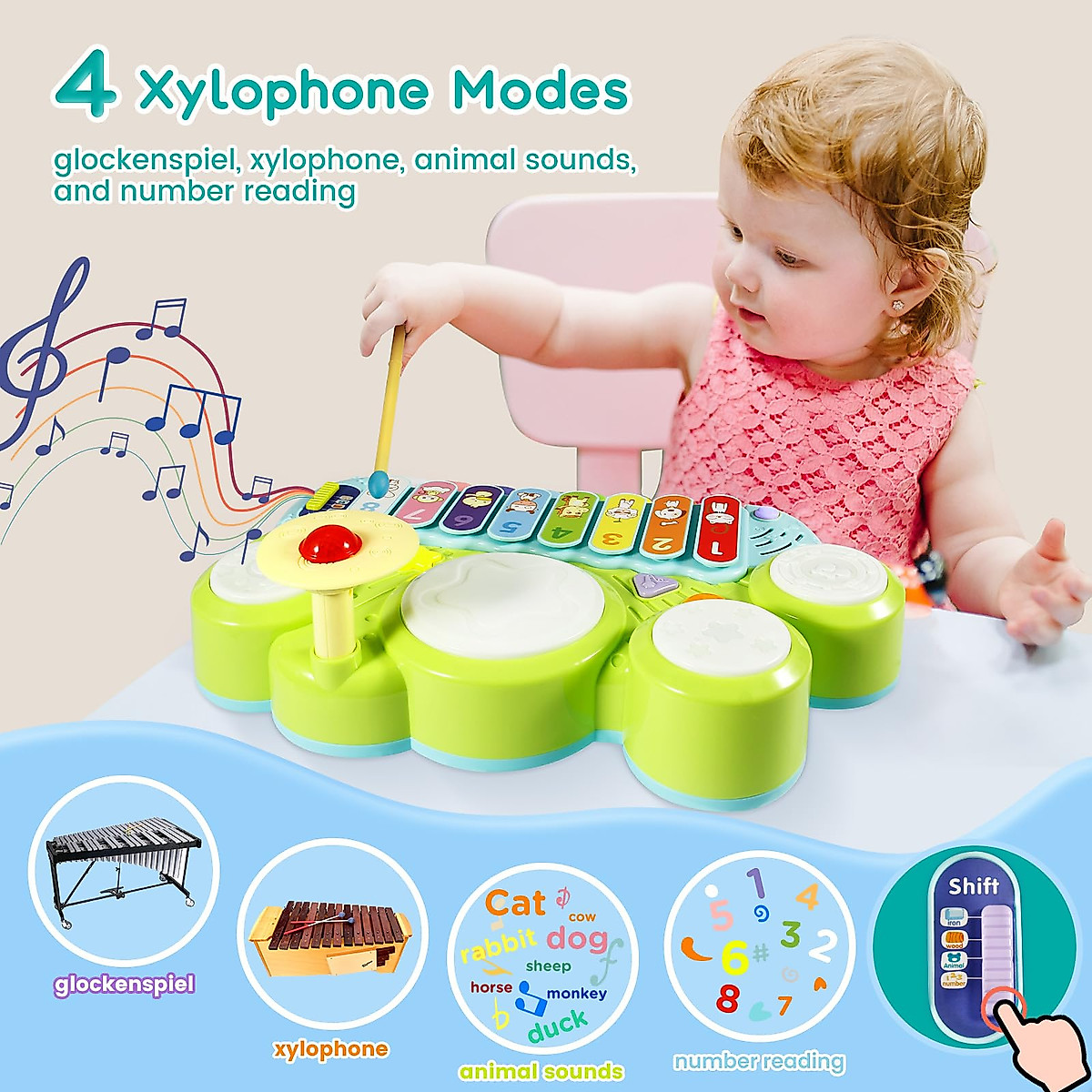 Kids Drum Set for Toddlers: Ohuhu 5 in 1 Baby Musical Instruments Musical Toys Children Drum kit Xylophone Microphone Piano Early Educational Learning Toy for Ages 18+ Months Girls Boys