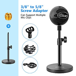 BILIONE 3 in 1 Multi-Function Desktop Microphone Stand, Adjustable Table Mic Stand with Microphone Clip, Cell Phone Clip, 5/8" Male to 3/8" Female Metal Adapter