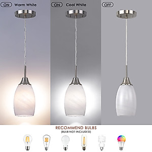 Mini Glass Pendant Light,1-Light with Handblown White Swirl Art Glass Adjustable Cord Brushed Nickel Finish Modern Hanging Pendant Light for Kitchen,Dining Room,Living