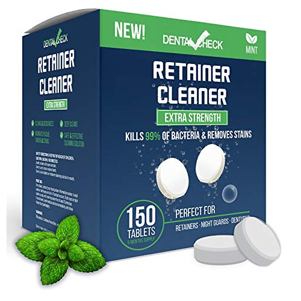 Retainer and Denture Cleaner 150 Tablets, 5 Month Supply Cleaning Tablets Denture Cleaners Remove Bad Odors, Plaque, Stains From Night Guards, Mouth Guards, Dental Appliance