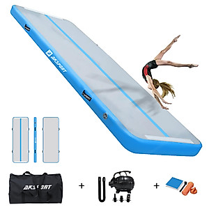 AKSPORT 10ft Air Mat Tumble Track Tumbling Mat for Gymnastics Inflatable Gym Mats with Air Pump for Home Use Cheerleading Training (light blue)