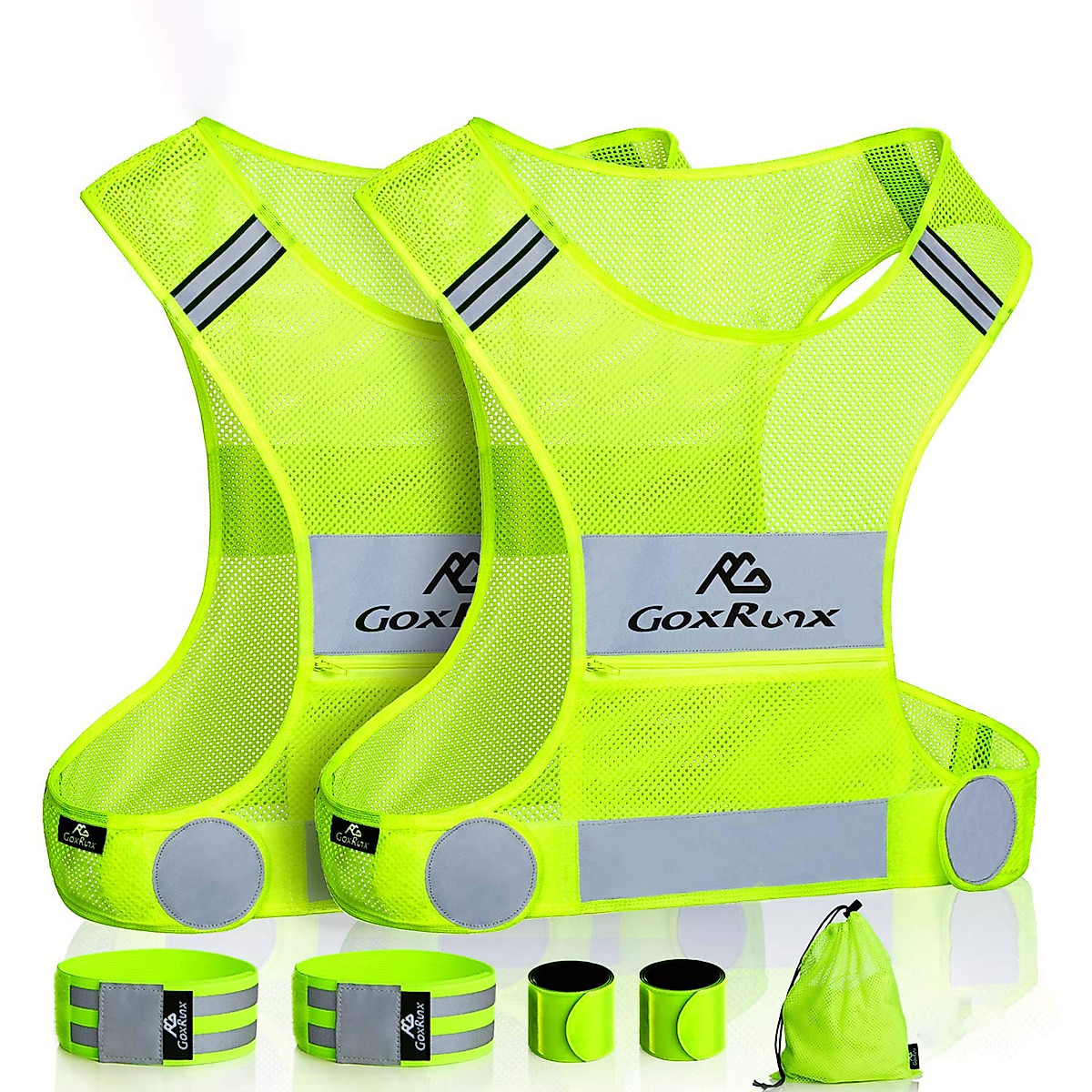 2 Pack Reflective Vest Running Gear, Ultralight & Comfy Cycling Reflective Vests with Large Pocket & Adjustable Waist for Women Men, Night Runner Safety Vest + Hi Vis Armbands & Bag (XX-Large)
