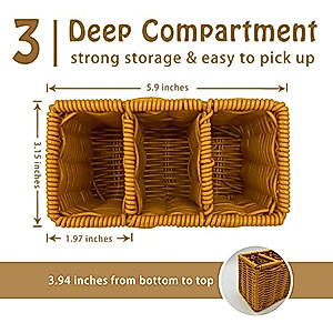 Utensil Caddy Silverware Flatware Holder - 3 Compartment Fork Knife Cutlery Organizer, Woven Wicker Basket, Party Countertop Buffet Picnic Camping Table Outdoor Farmhouse Utensil Holder for Parties (Brown)