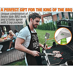 Fun BBQ Gifts for Men : 4Pcs Set Grilling Accessories. Heavy Duty Stainless Steel Utensil Set + Funny Apron. Best Grilling Gifts for Men or Gifts for Men who Have Everything.