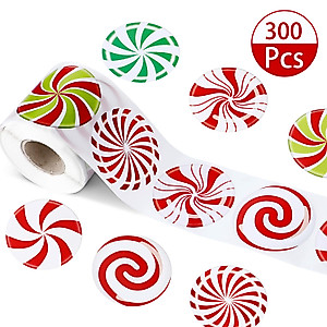 300 Pieces Christmas Candy Stickers Candy Roll Labels 6 Alternating Designs Candy Labels Circle Round Color Small Candy Seals for Christmas (2 Inch)