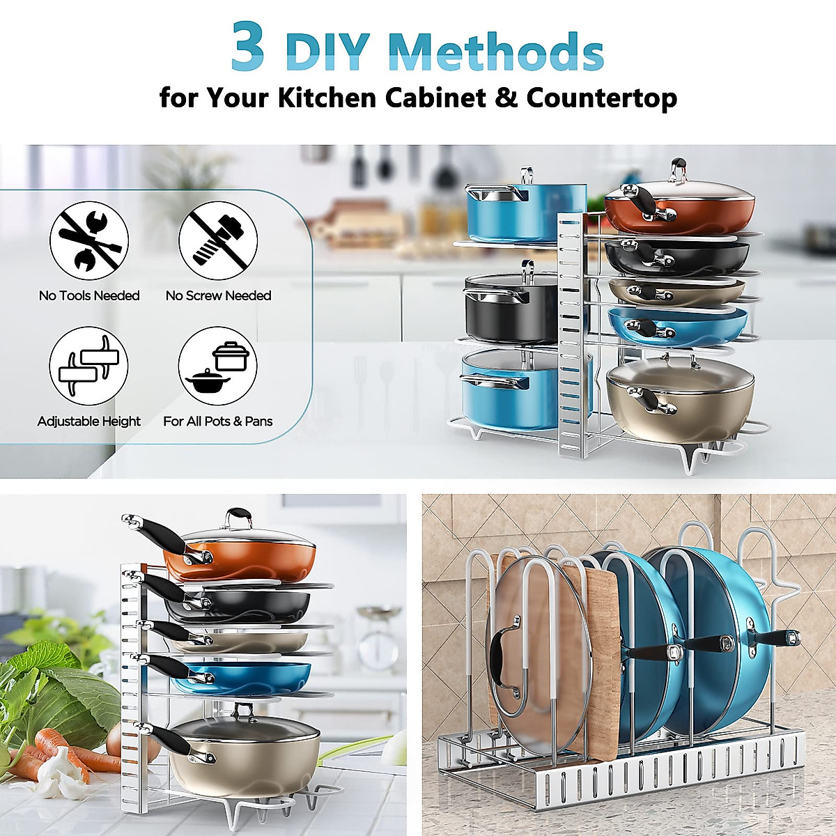 ORDORA Pots and Pans Organizer for Cabinet, 8-Tier Heavy Duty 120LBS Pots Pans Organizer Rack under Cabinet