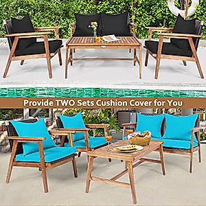 Tangkula 4-Piece Patio Furniture Set, Outdoor Acacia Wood Conversation Set with Cushions and Coffee Table, Turquoise & Black Cushion Cover Sets, Outdoor PE Wicker Sectional Sofa Set for Backyard