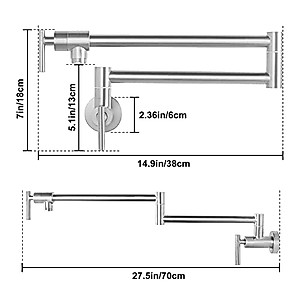 Launceter Pot Filler Faucet, Wall Mount Pot Filler Solid Brass Brushed Nickel Kitchen Faucets, Double Joint Swing Arm Kitchen Sink Pot Filler Faucets, Single Hole with 2 Handles(Brushed Nickel)