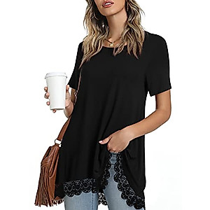 POPYOUNG Women's Summer Casual Short Sleeve Tunic Top for Leggings Crewneck Shirt Loose Blouse, Lace Hem, XXL, Black
