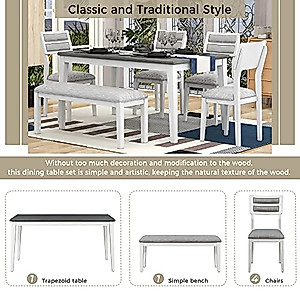 Woanke 6 Piece Dining Set, Including Wood Dinette Table and 4 Upholstered Chairs and a Bench with Cushion, Classic Traditional Style, White+Gray