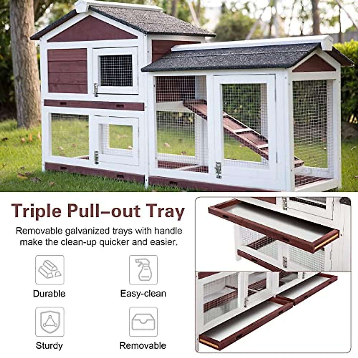 Kinpaw Rabbit Hutch 61inches Indoor Rabbit Cage Small Animal House for Chicken with Removable Trays Ramp Run Red