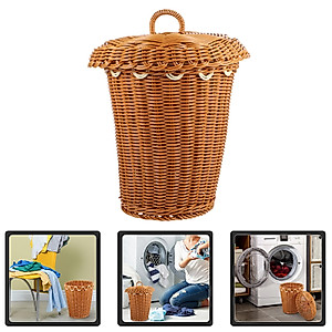 Kichvoe Wicker Trash Can with Lid Small Trash Can Laundry Sundries Basket Rattan Waste Basket Rustic Boho Woven Garbage Bin Office Rubbish Can for Bedroom Bathroom Office
