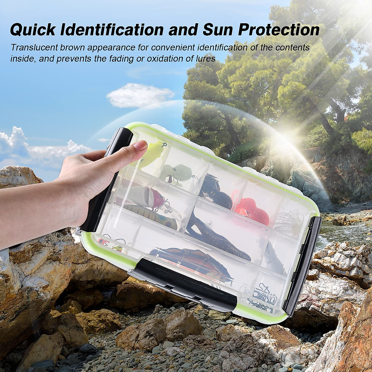 Goture 3600 Tackle Tray, Waterproof Tackle Box, Waterproof Floating Airtight Stowaway, 3600 Tray with Adjustable Dividers, Sun Protection, Fishing Storage Lure Box for Freshwater Saltwater, 1Pcs