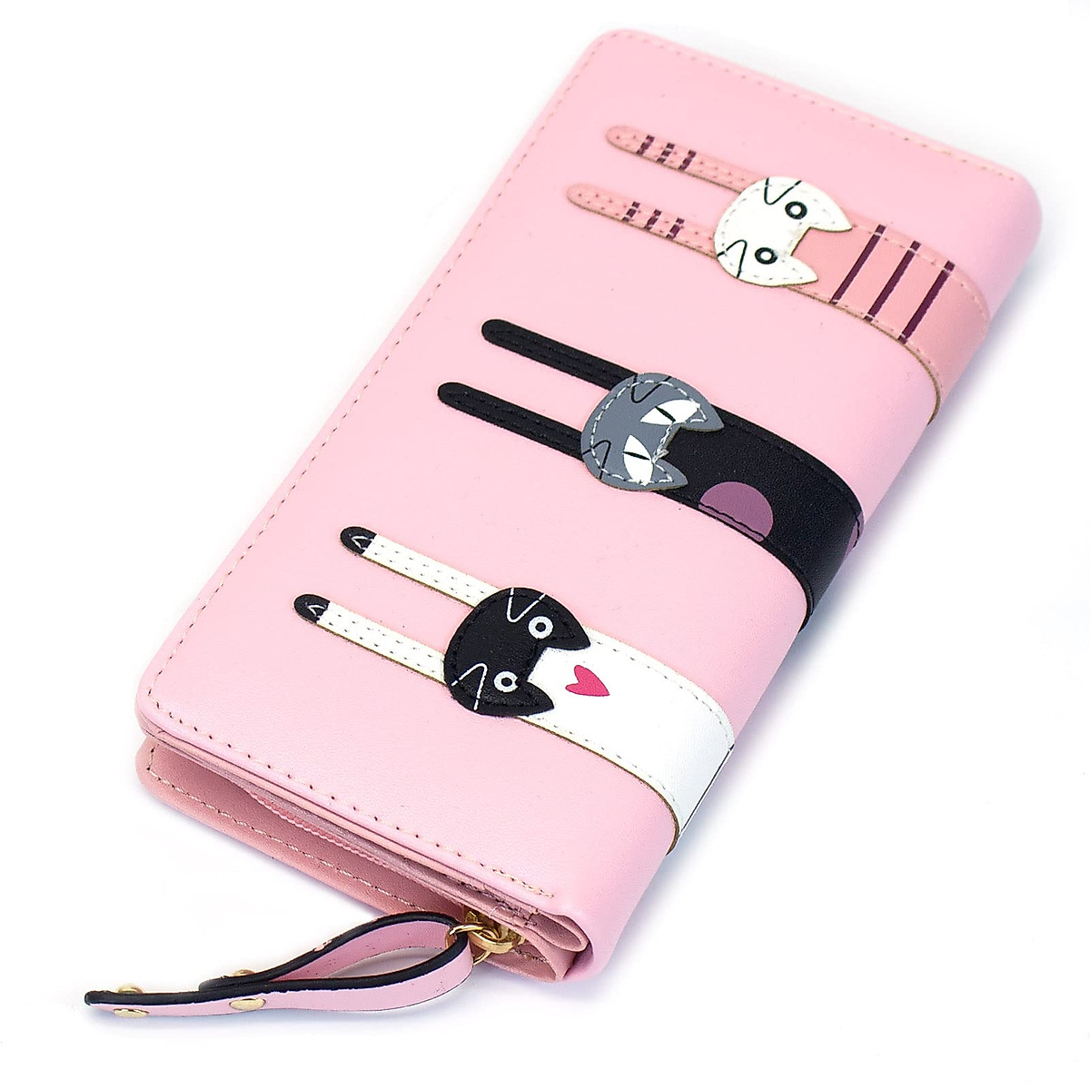 Valentoria® Birthday Gifts for Women's Mini Faux Leather Bifold 3 Cat Design Clutch Wallet(Long Pink)