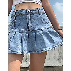 Yeokou Women's Casual Slim A-line Pleated Ruffle Short Mini Denim Skirts (XS, LightBlue)